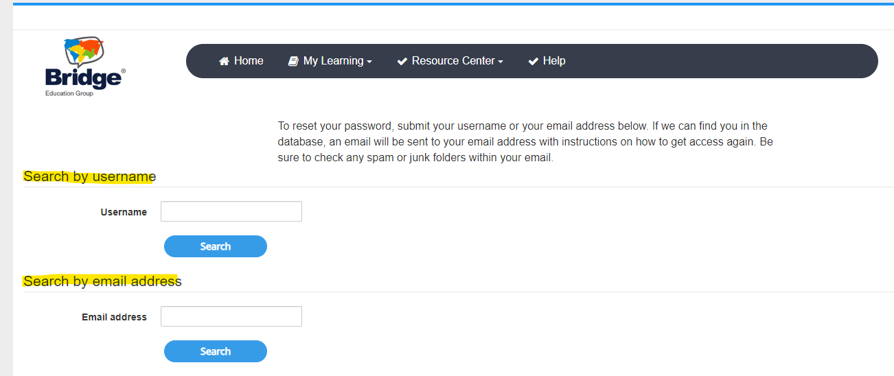 How can I reset or change my password to the Bridge learning platform?